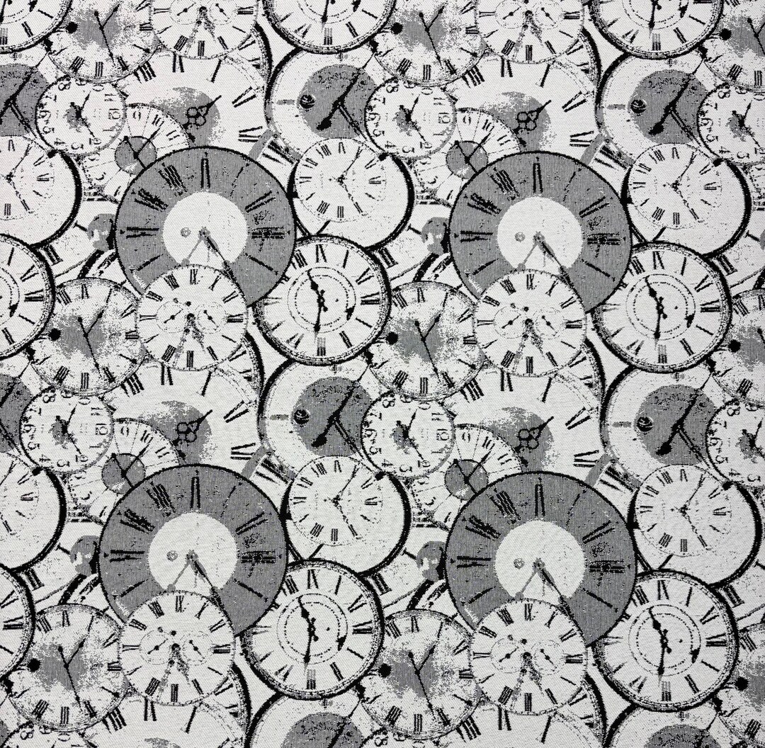 DESIGNER Fabrics TIK TOK Onyx Black White Clocks Time Travel Clock Face Jacquard Heavy ...