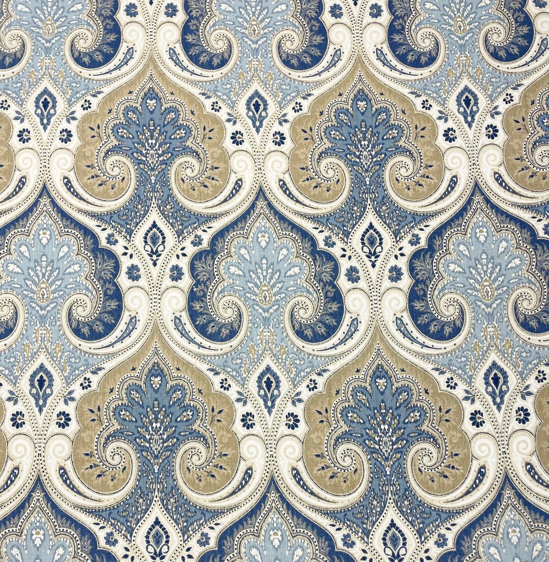 KRAVET LATIKA DELTA Blue Damask 100% Linen Pillow Cushion Upholstery ...