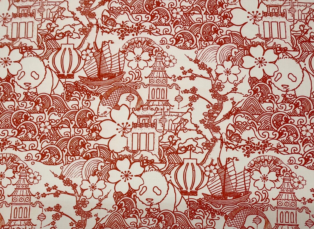 ASIAN TOILE PERSIMMON Red Ivory Chinoiserie Birds Asian Temple Fish ...
