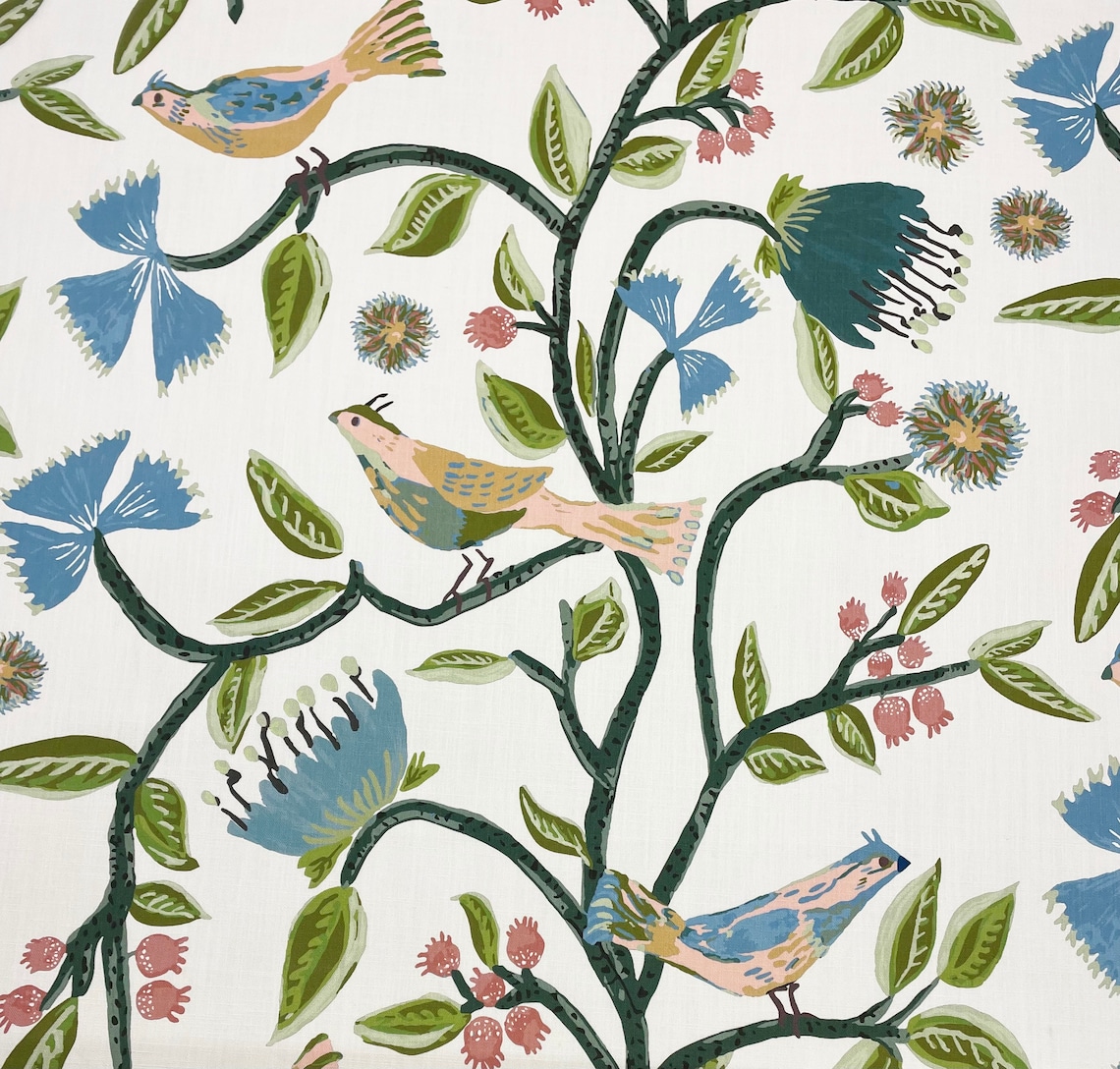 Ballard Designs LYLE GREEN Blue Song Birds Floral Vine Drapery Curtains ...