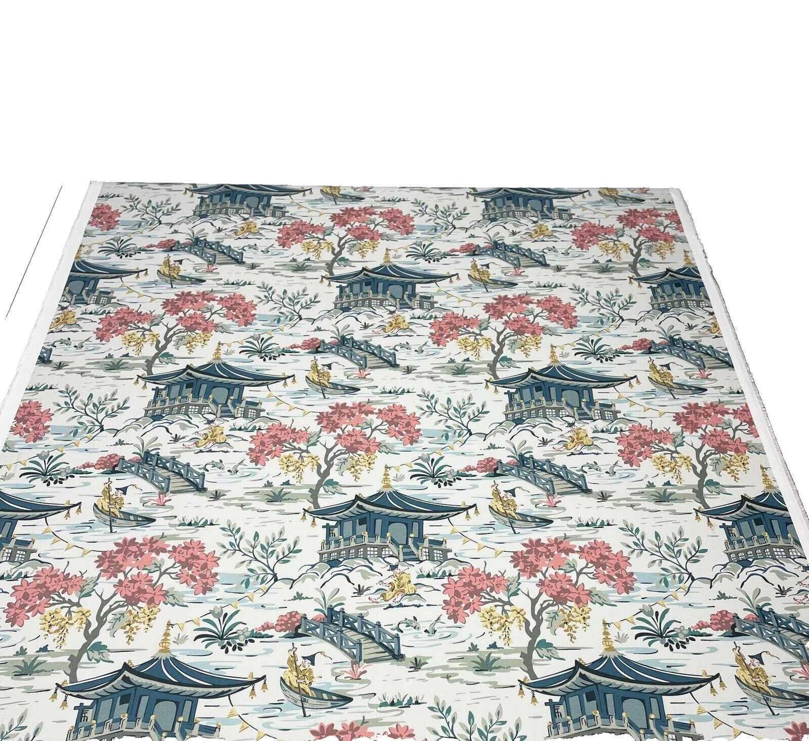 HAMILTON FABRICS TEAHOUSE Slate Asian Temple Boat Chinoiserie Toile ...