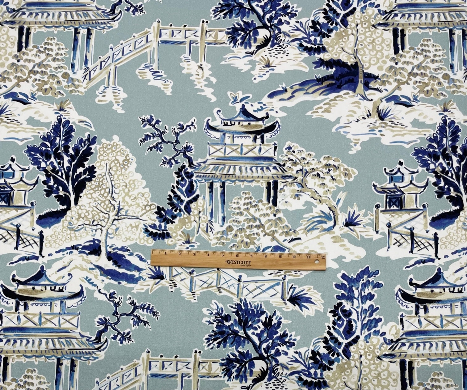 HAMILTON FABRICS MING Rain Spa Blue Asian Temple Chinoiserie Toile ...