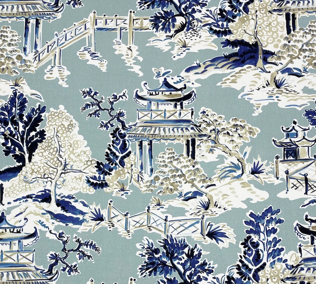 HAMILTON FABRICS MING Rain Spa Blue Asian Temple Chinoiserie Toile ...
