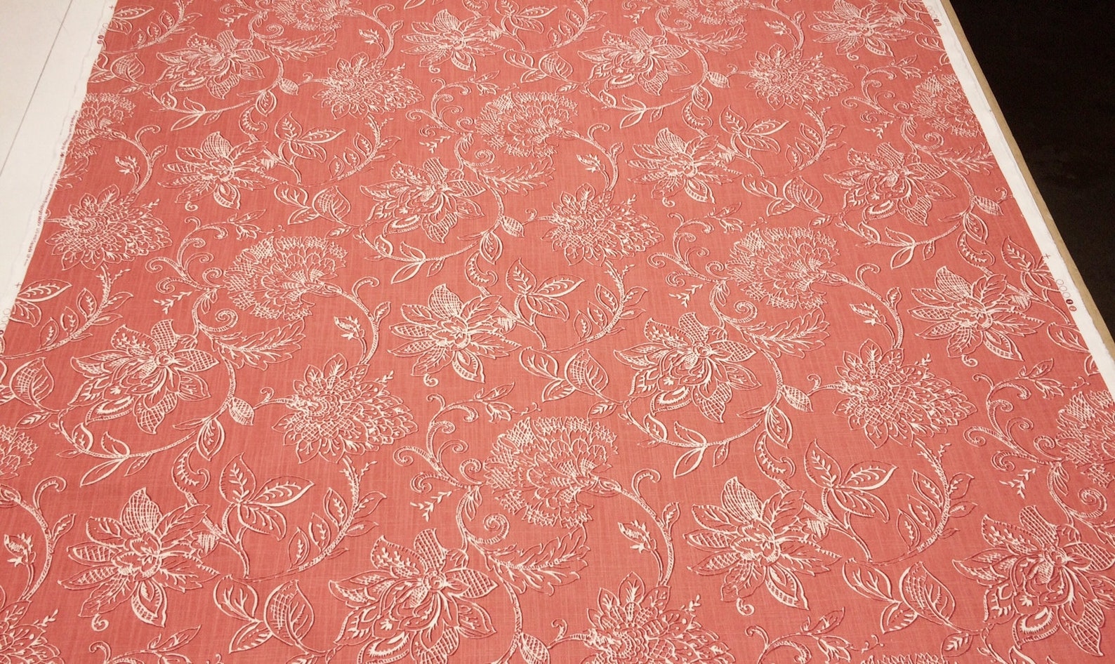 RICHLOOM BENSON CORAL Red White Jacobean Floral Vine Upholstery Pillow ...