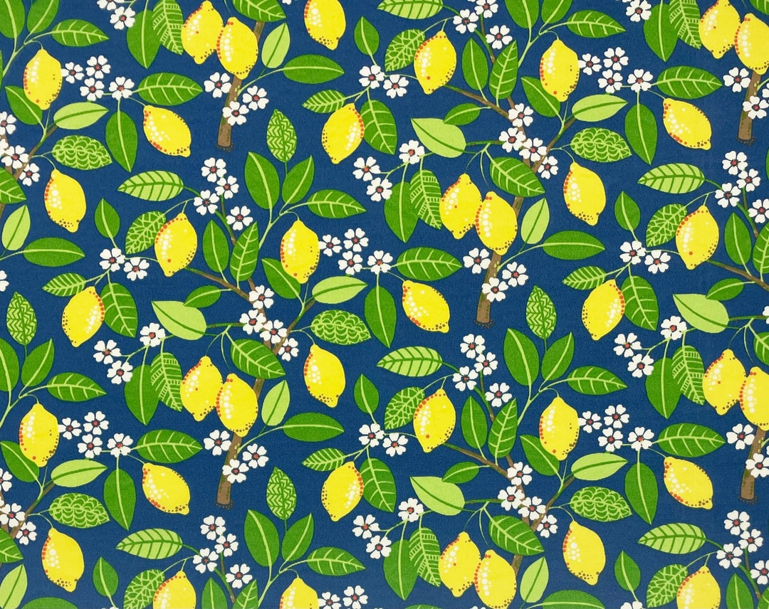 LEMON TREE INDIGO Blue White Leaf Green Fruit Floral Orange Print ...