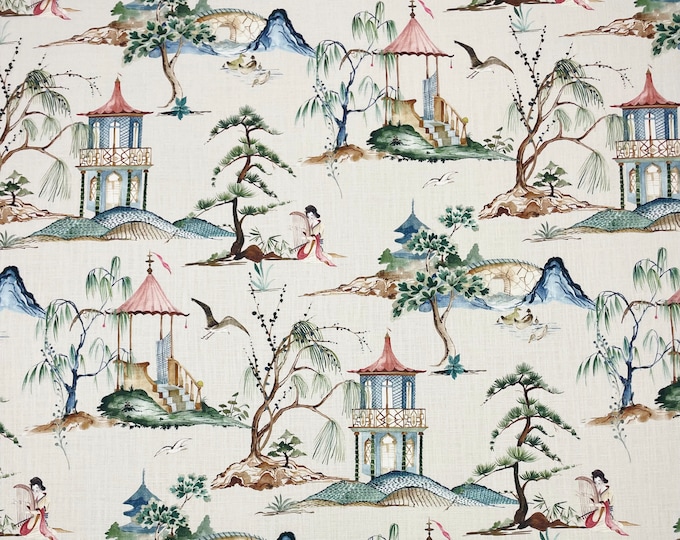 HAMILTON FABRICS OKAYAMA Flax Beige Asian Temple Chinoiserie Toile ...