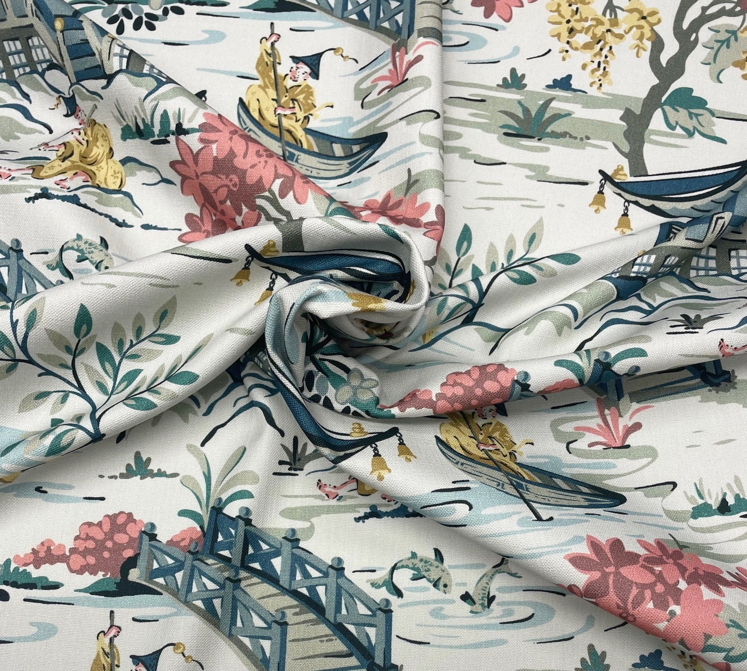 HAMILTON FABRICS TEAHOUSE Slate Asian Temple Boat Chinoiserie Toile ...