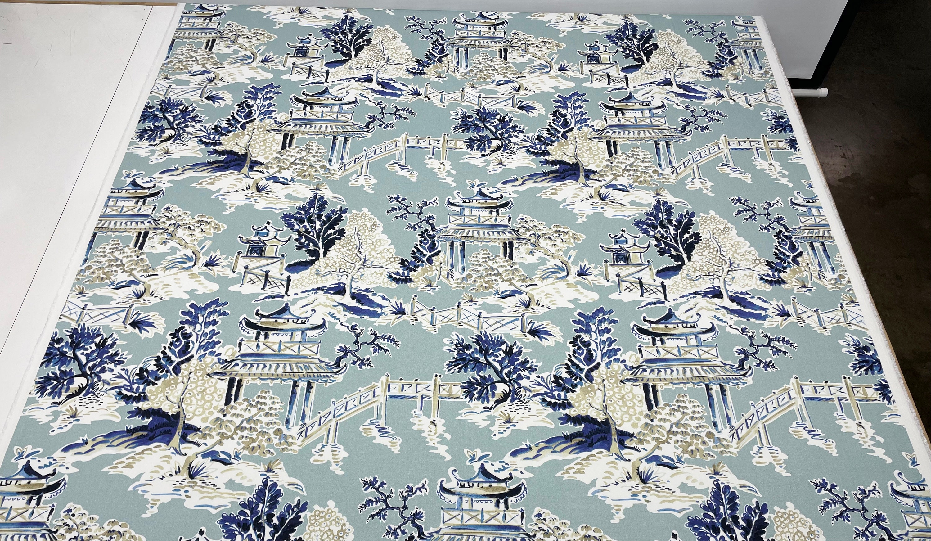 HAMILTON FABRICS MING Rain Spa Blue Asian Temple Chinoiserie Toile ...