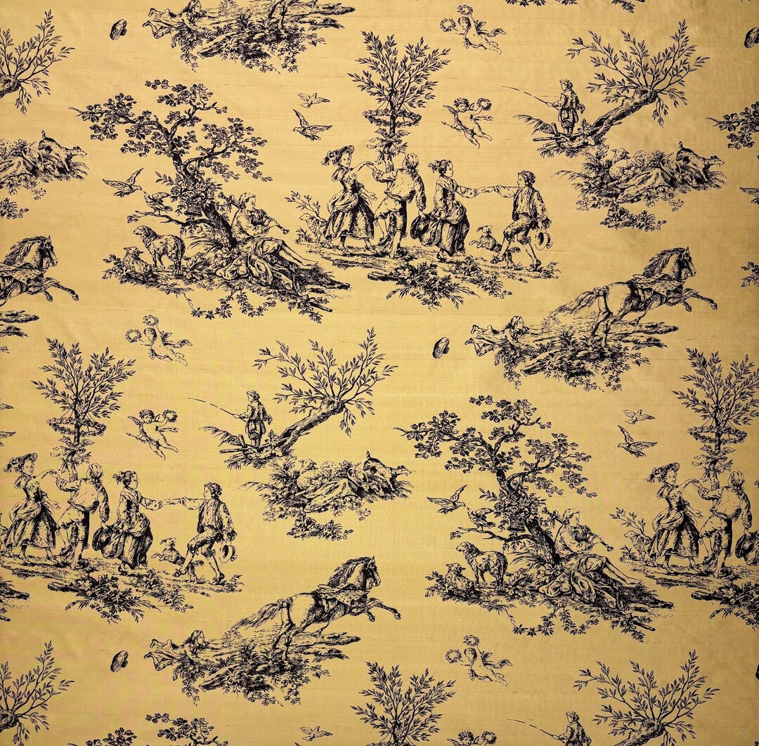 Designer 100% Silk COUNTRY TOILE Harvest Gold Horses Victorian England ...