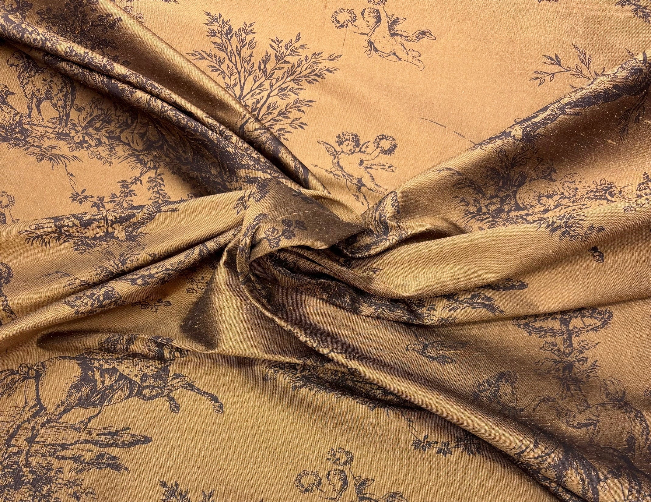 Designer 100% Silk COUNTRY TOILE Sepia Brown Horses Victorian England ...