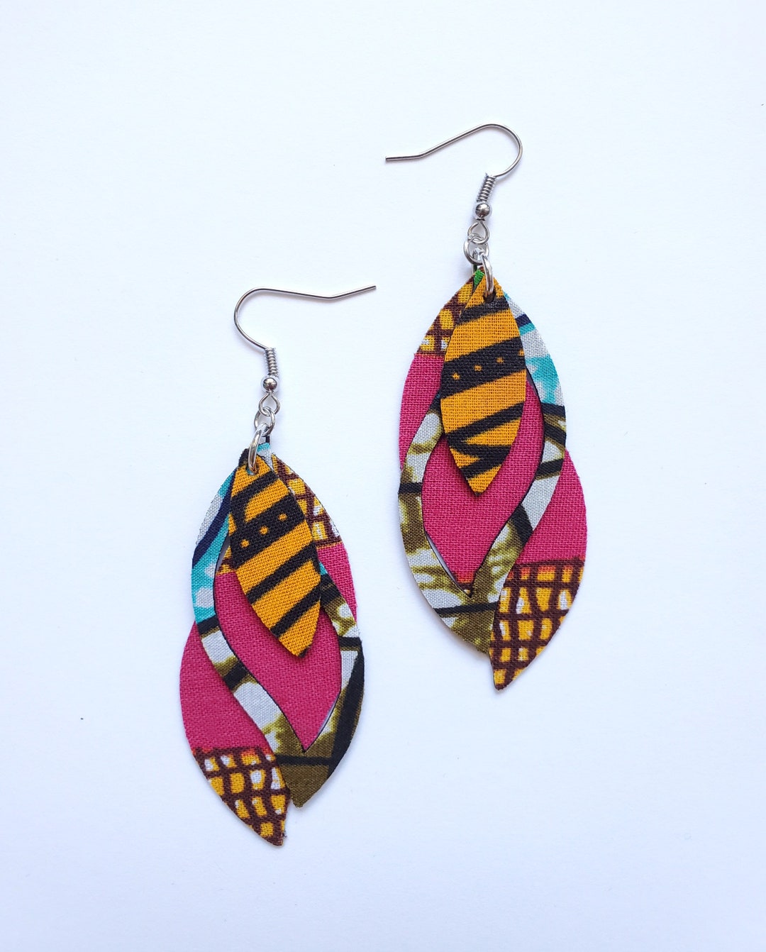 Ankara African Print Fabric & Faux Leather - 3 Layer Earrings - Etsy