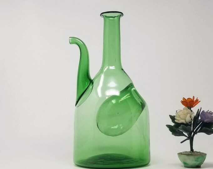 Vintage Large Bottle Italian Green Glass Porron Wine Pitcher Hand Blown ...