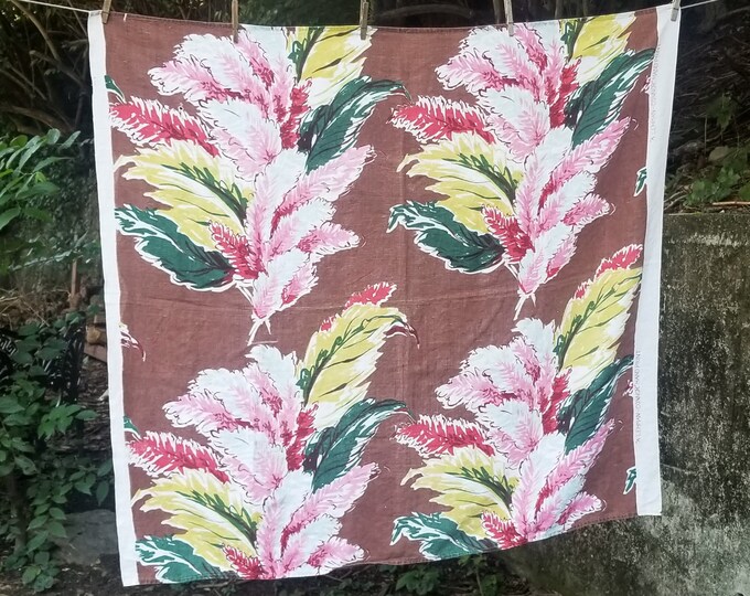 Vintage A Lehman Conner Hand Print Fabric Brown With Pink Green Feather ...