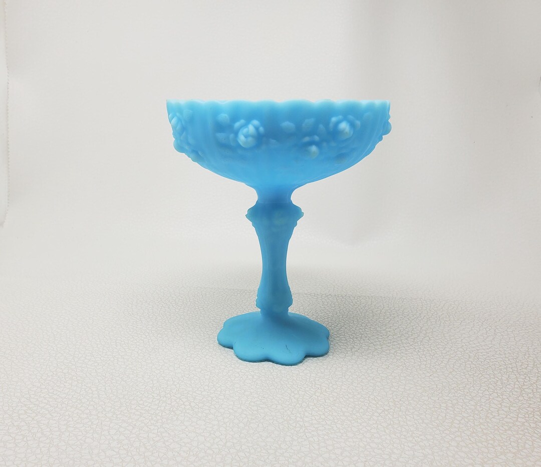 Fenton Custard Glass Blue Satin Compote Pedestal Bowl - Etsy