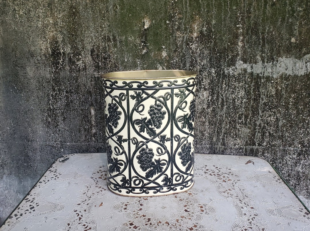 Vintage Sixties JL Clark Grape Arbor Black and White Waste Basket Trash ...