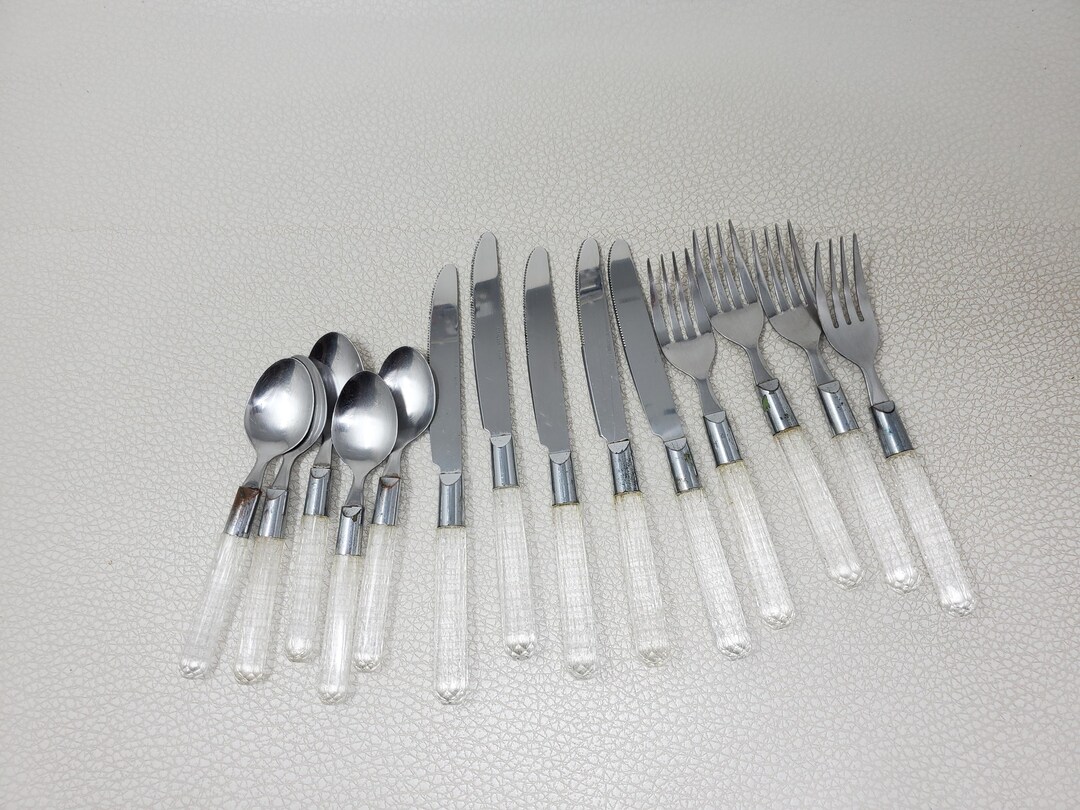 Vintage 14 Piece Stainless Flatware Set Clear Acrylic Faceted Handles ...