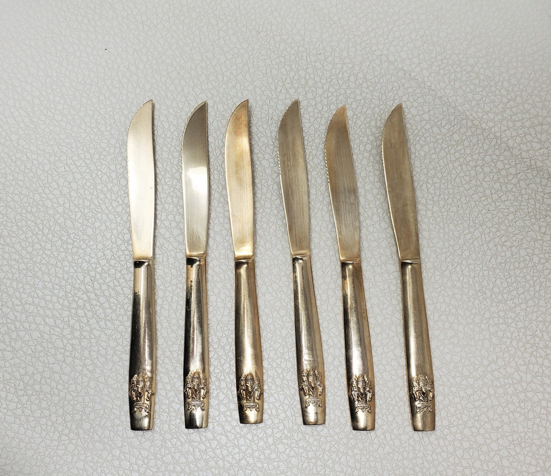 Vintage Siam Bronze Erawan Elephant Pattern Flatware Steak Knives Set ...