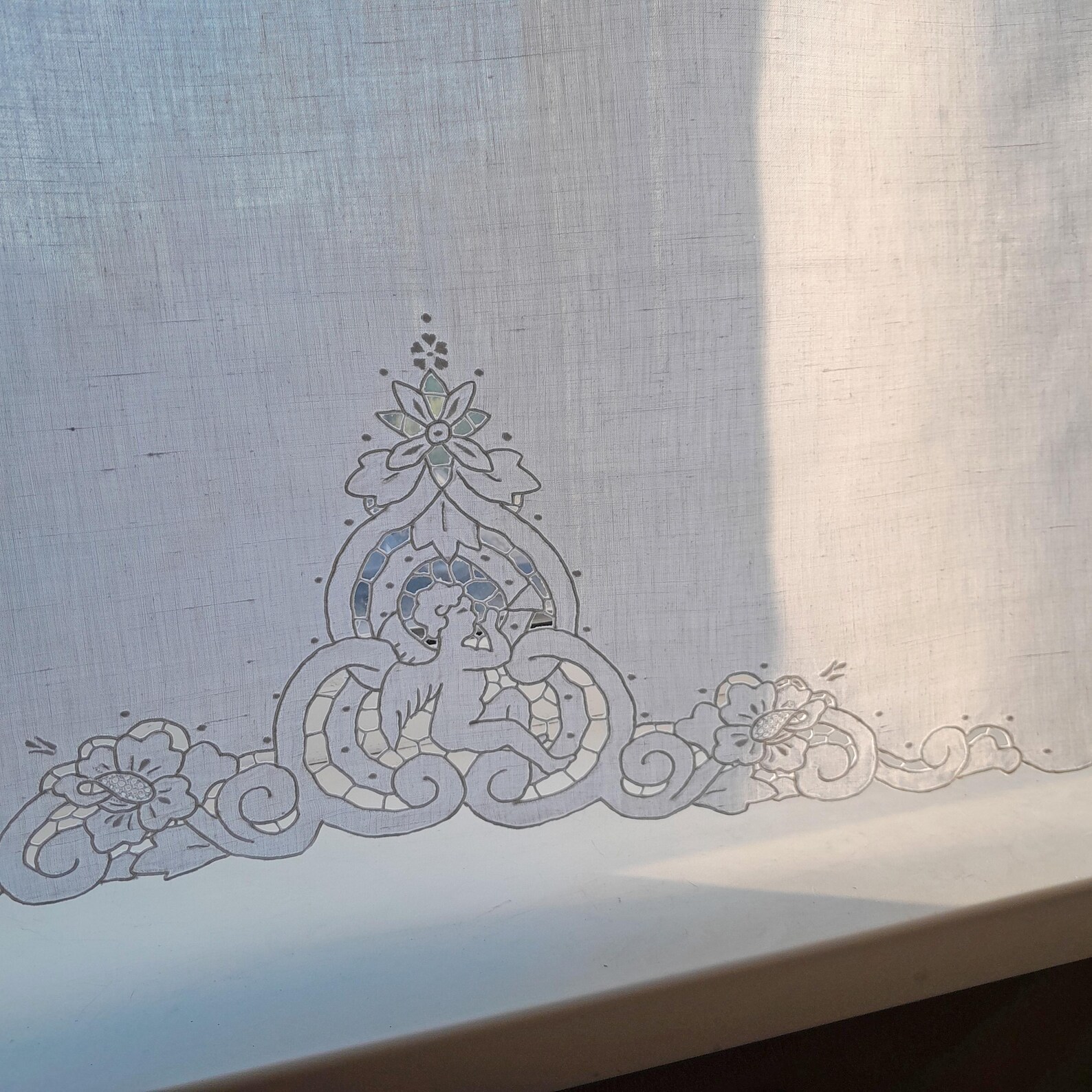 Embroidered Angel and Flowers, White Cotton Curtain, Rustic Valance 32 ...
