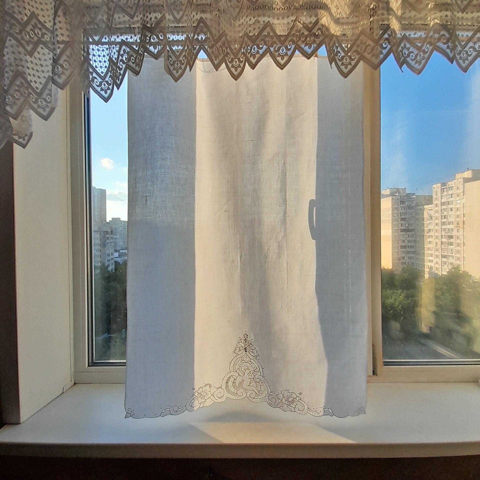 Embroidered Angel and Flowers, White Cotton Curtain, Rustic Valance 32 ...