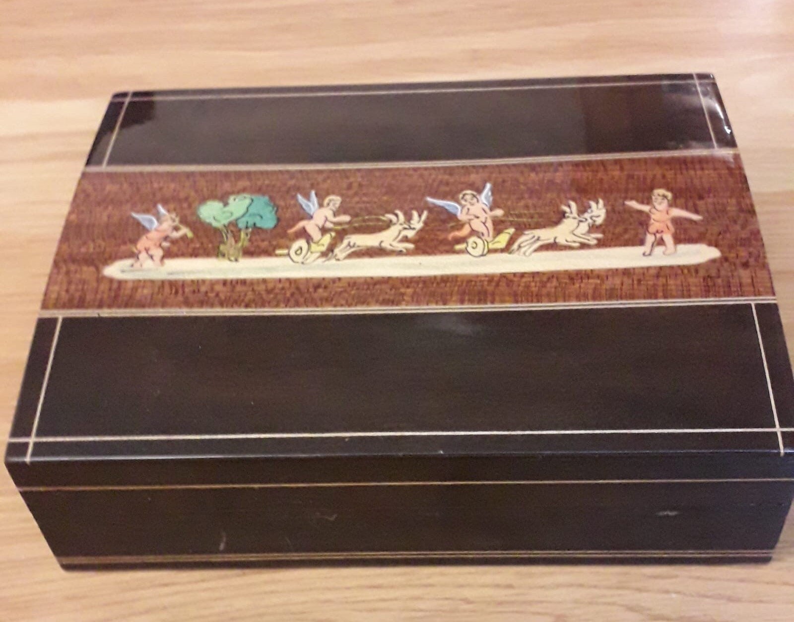 Domed Cigar Box Hand Painted With Pan Chasing Two Devils on Chariots ...