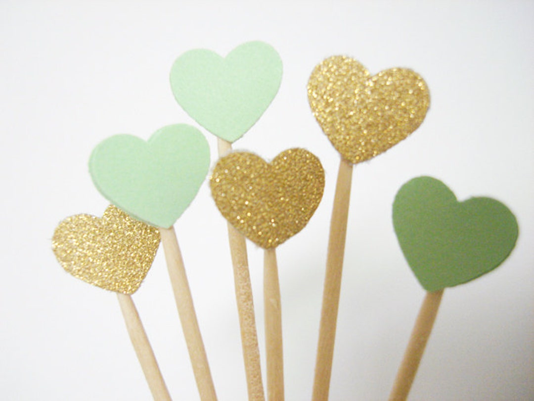 Double Sided Gold Glitter and Mint Green Mini Heart Cupcake Toppers ...
