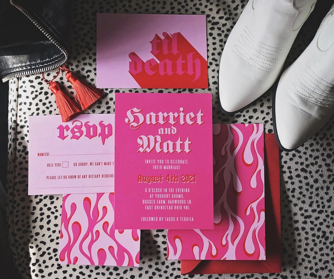 Lola Rock N Roll Wedding Invitation Set, Cool Pink and Red Wedding ...