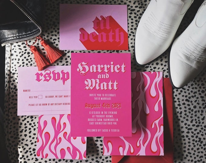 Lola Rock N Roll Wedding Invitation Set, Cool Pink and Red Wedding ...