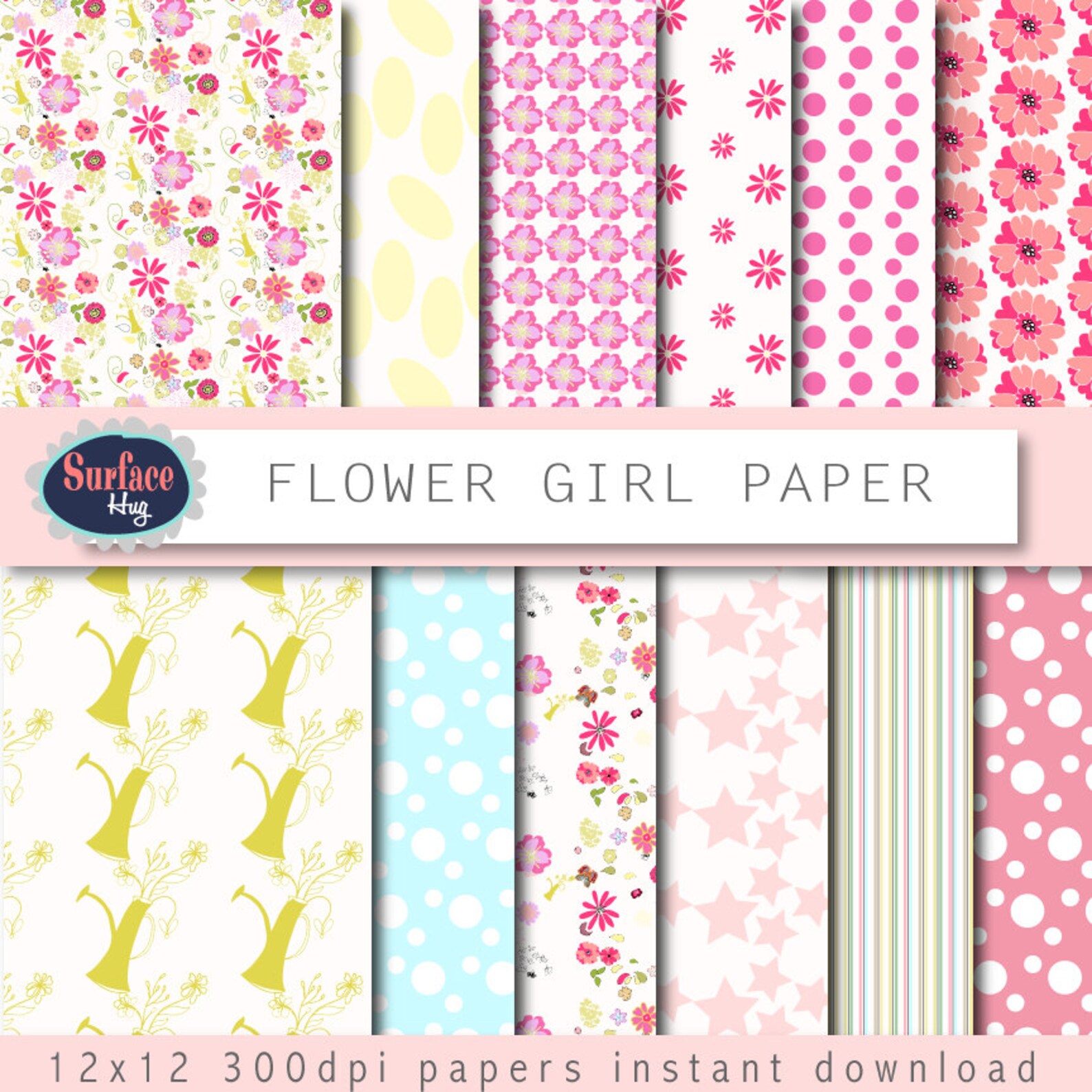 Digital Paper Flower Girl Floral Digital Paper Hand Drawn Etsy