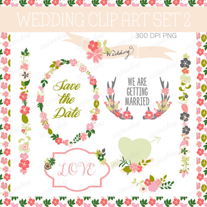 WEDDING INVITATION clip art floral wedding invite Clip art | Etsy