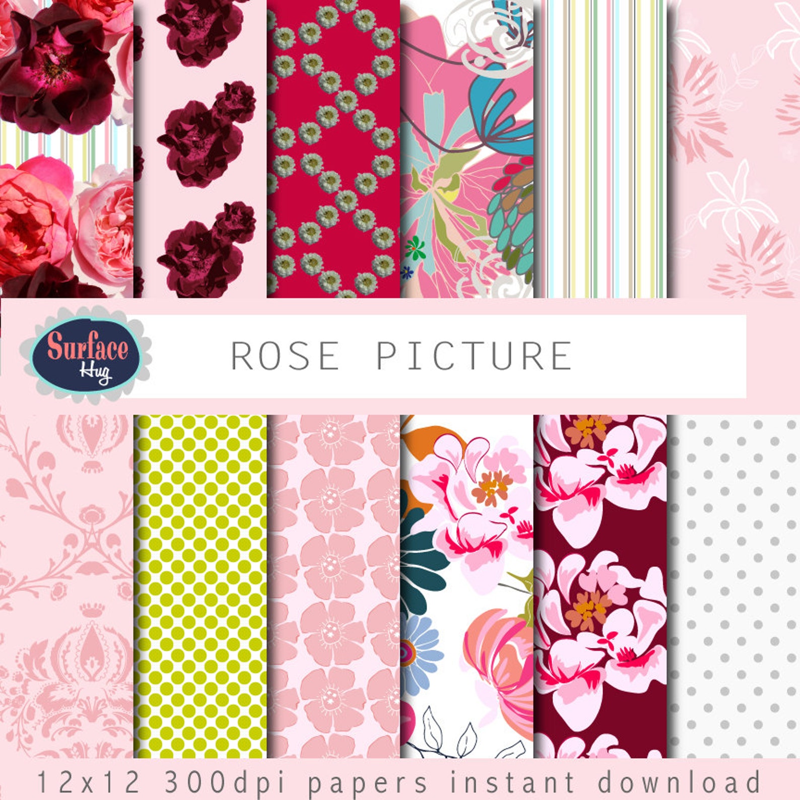 Floral Digital Paper ROSE PICTURE Rose Digital Paper Floral | Etsy
