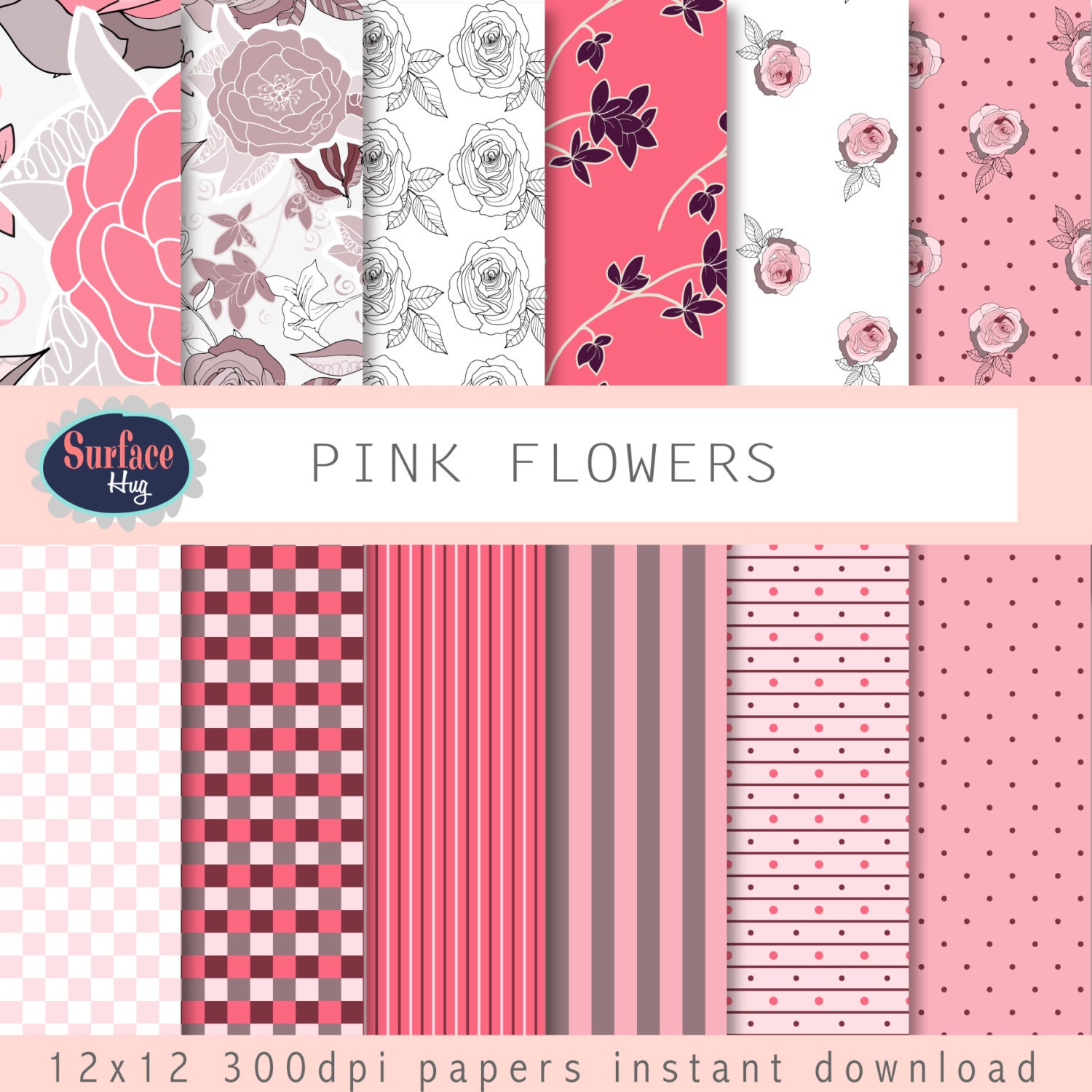 Digital Paper Pink Rose Flowers in complimentary pink and | Etsy
