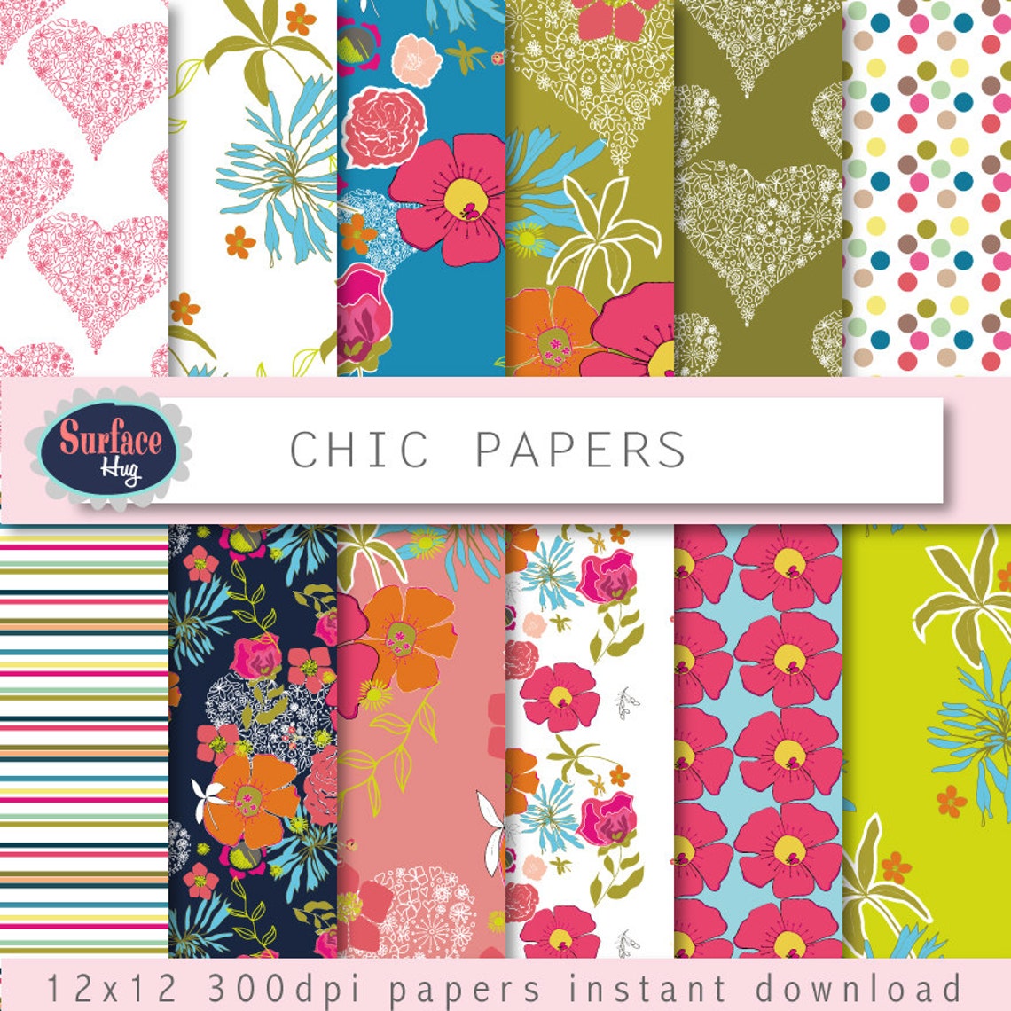 FLORAL Digital Paper HAND Drawn Flowers Floral Paper Flower - Etsy