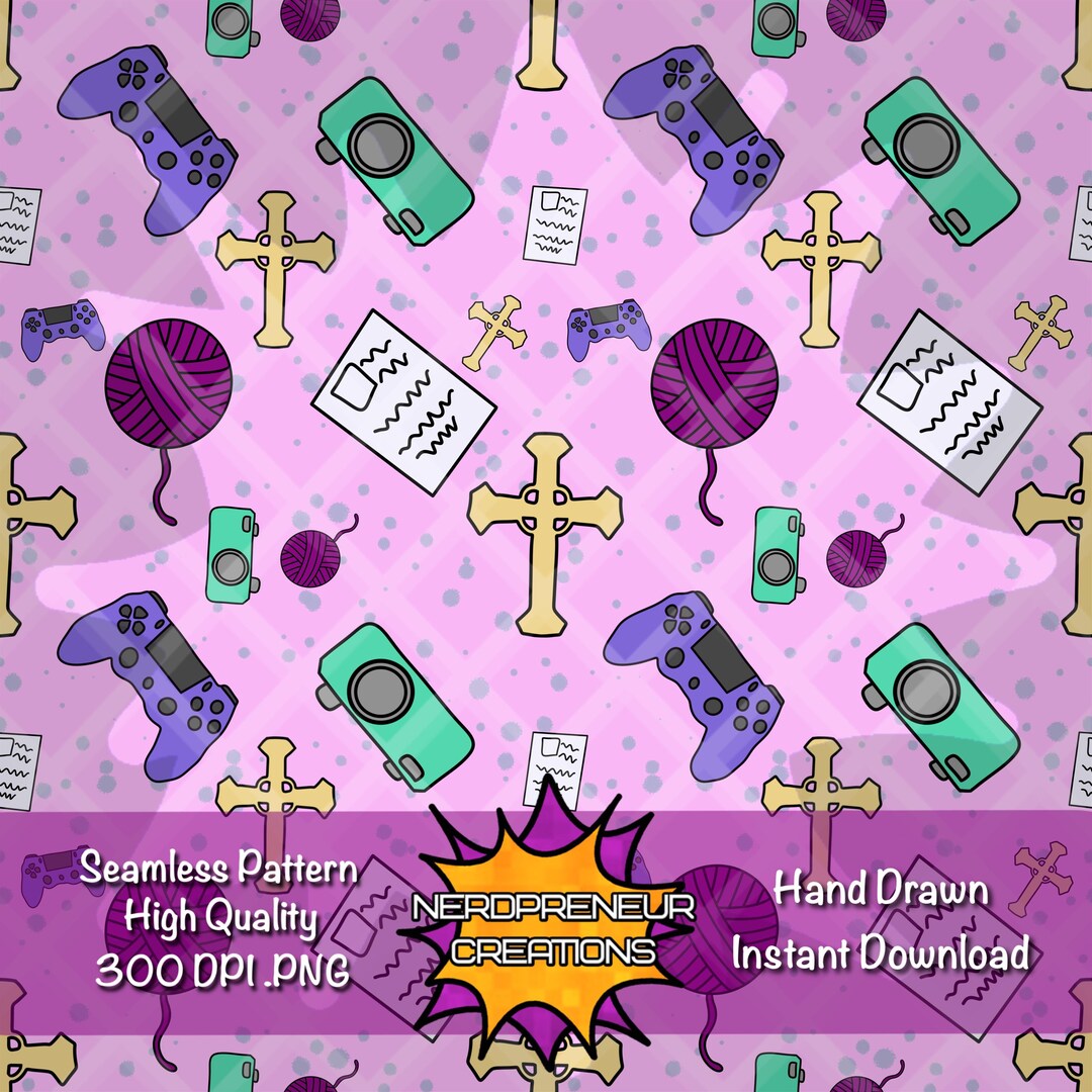 Crafty Gamer Seamless Pattern 300 DPI .PNG Multi Hobby Cute Hand Drawn ...