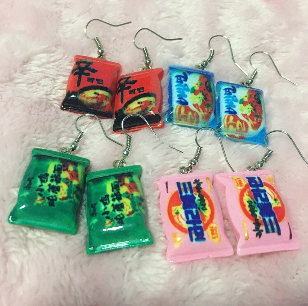 Instant Noodle Ramen Packet Silver Earrings Red Blue - Etsy