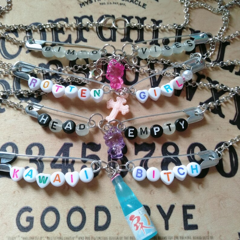 Safety Pin "bimbo Vibes" Letter Bead Word Thin Chain Bimbocore Choker ...