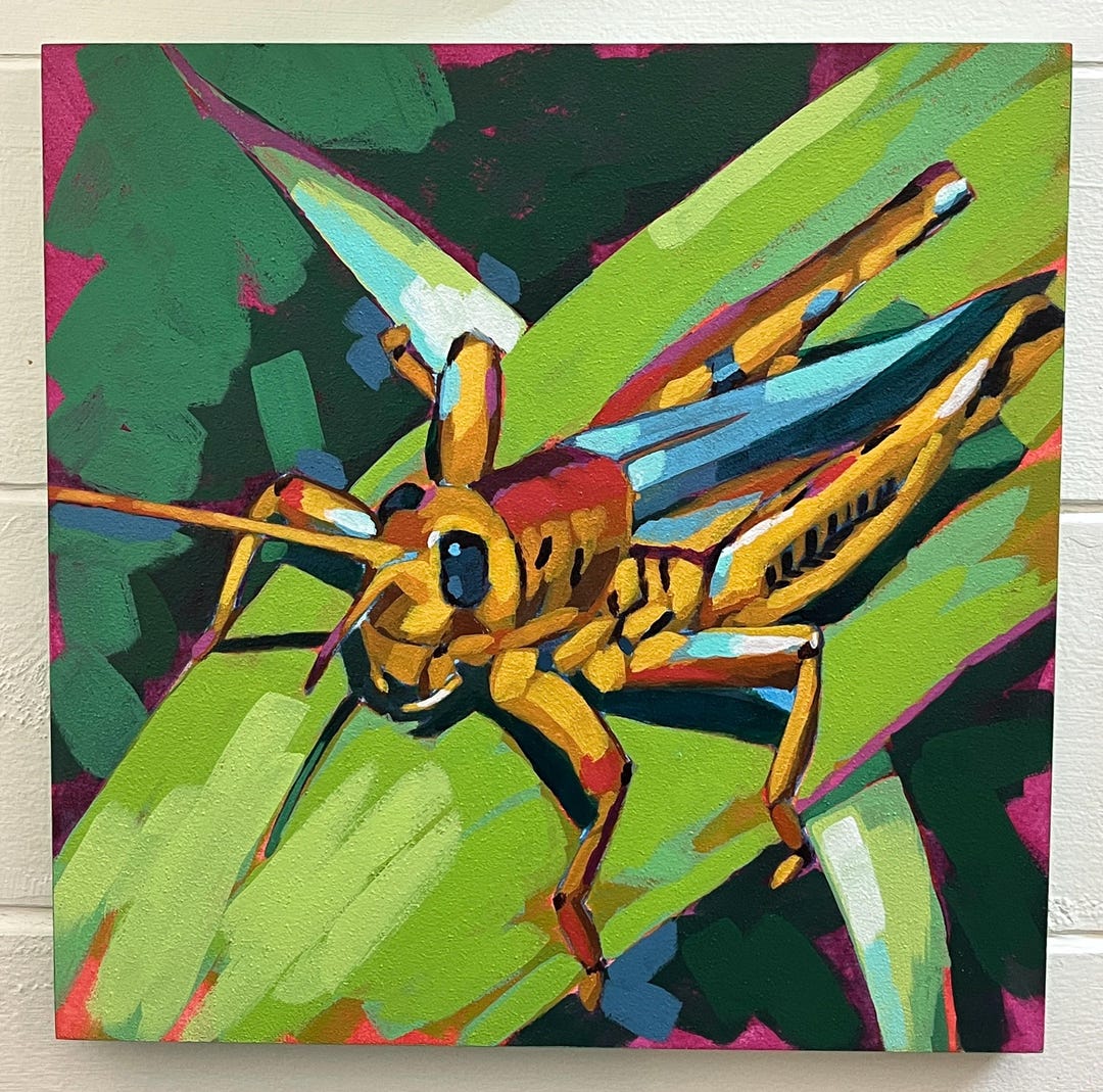 Grasshopper Painting: Hand-painted Acrylic Insect Art on Wood Panel 8x8 ...