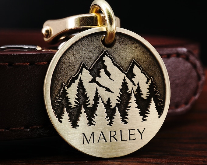 Pet ID Tag, Mountain Trees Dog Tag, Dog Collar Tag, Pet Name Tag, Hand ...