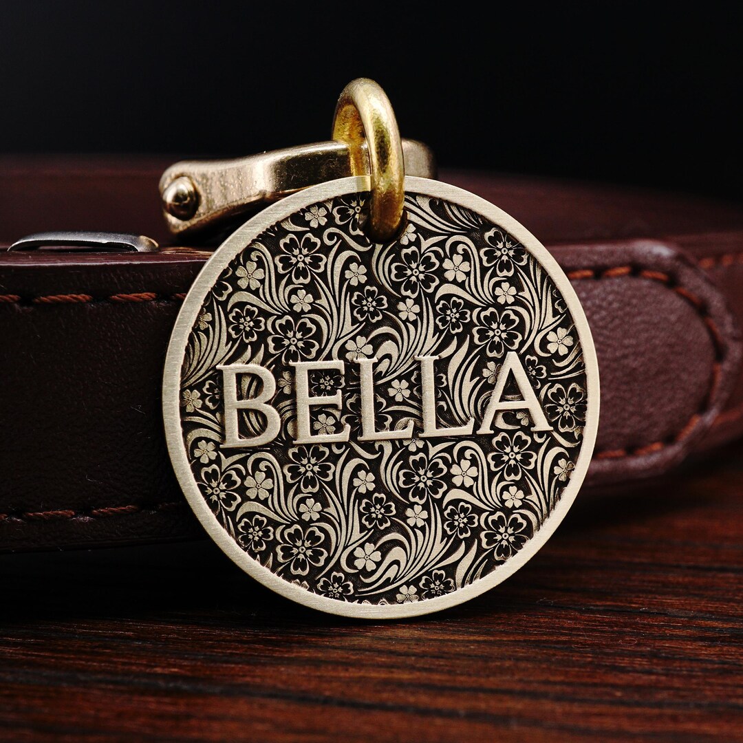 Custom Brass Wild Floral Dog Tag Cat Tag, Luxury Pet Tag, Unique Dog ...