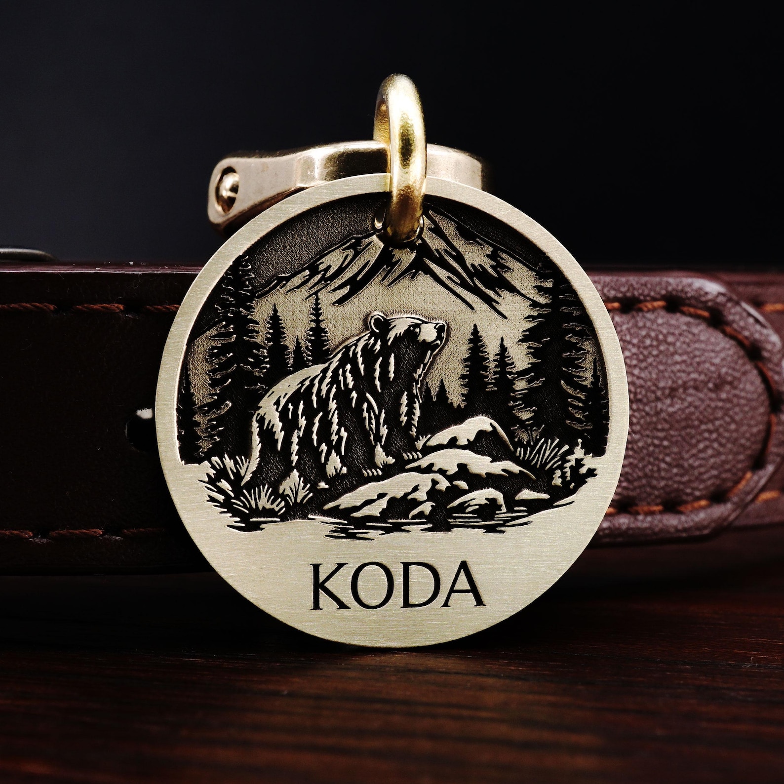 Custom Brass Pet ID Tag: Bear Forest Mountain Design - Etsy New Zealand