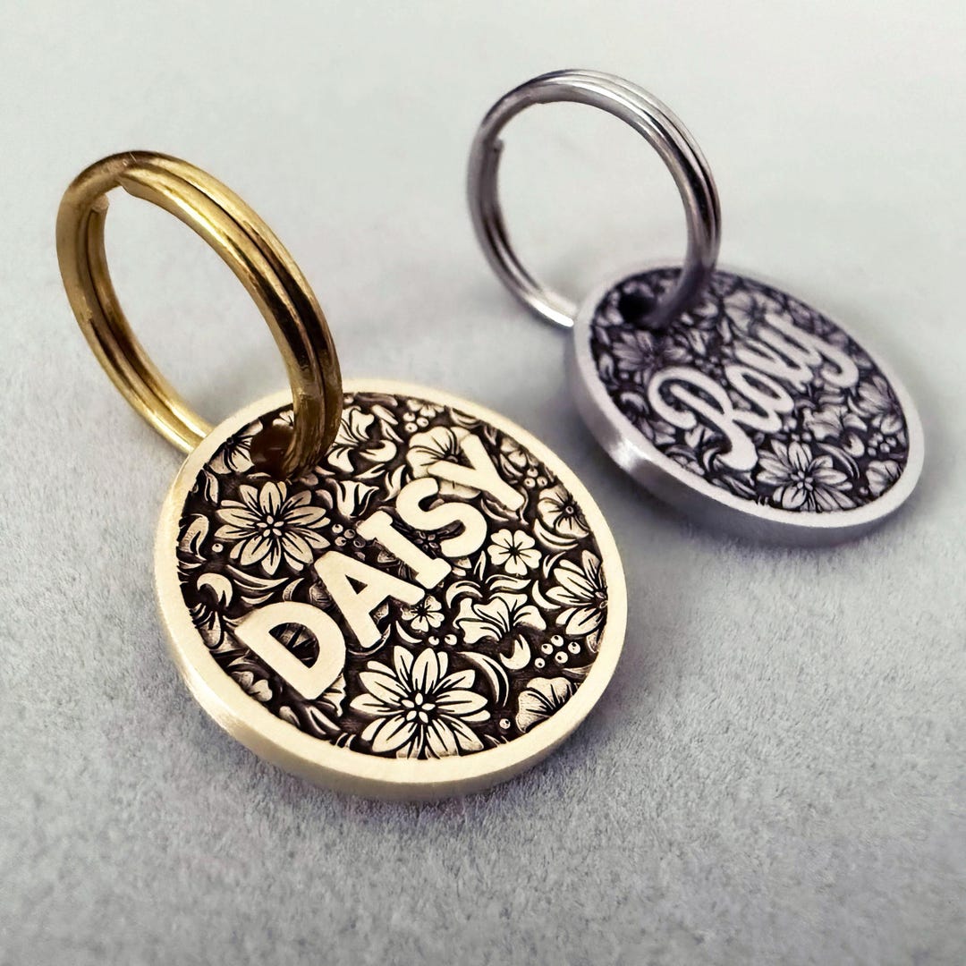 Custom Brass Cat Tag, Personalized Flower Cat Tag, Kitten Tag, Unique ...