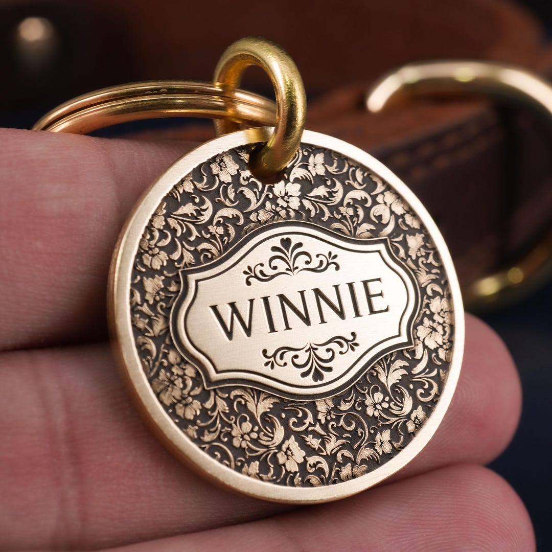 Personalized Brass Flower Dog Tag, Cat Tag, Floral Dog Collar Tag ...