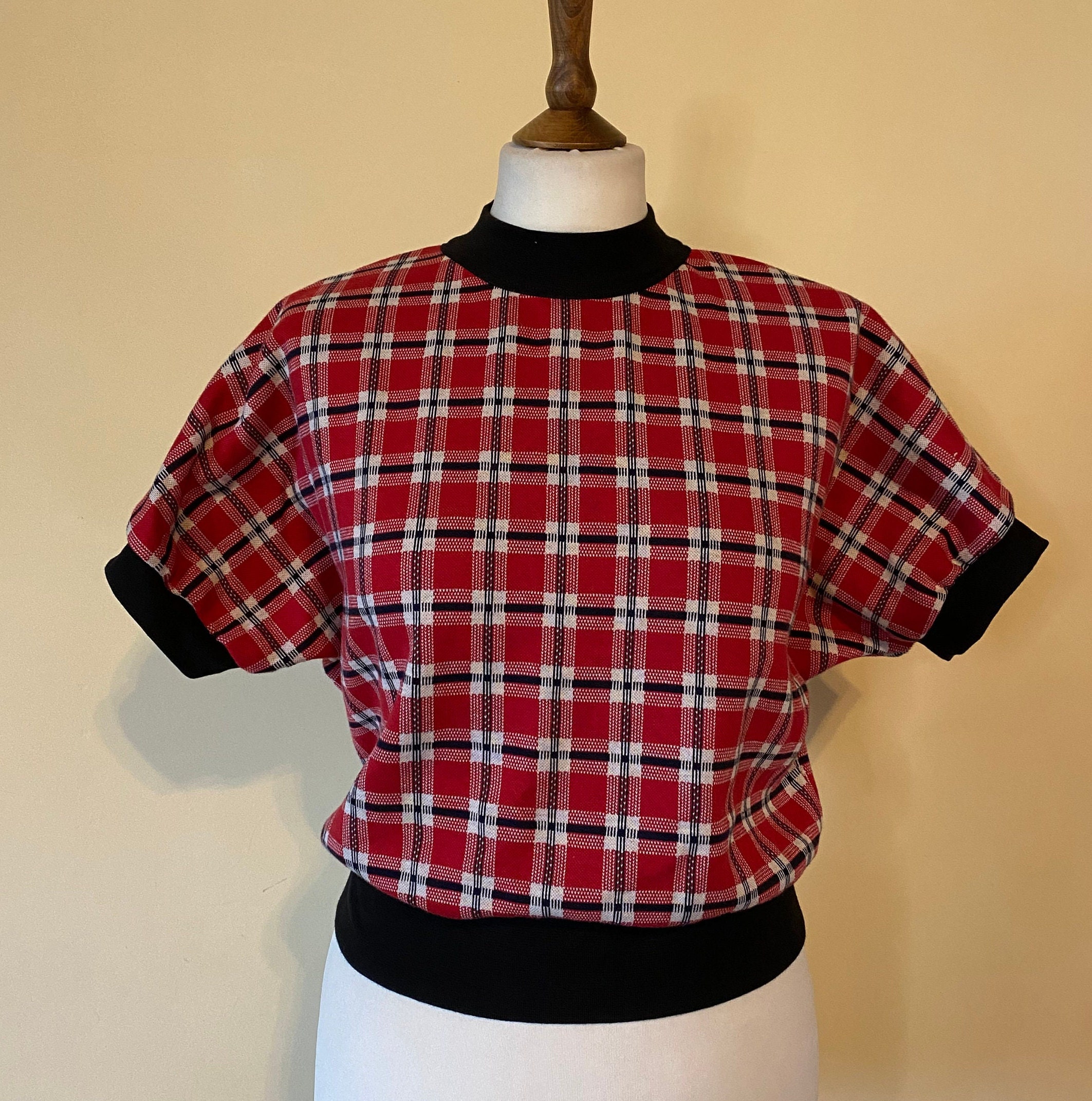 40s/50s Style , Woman Repro Polo Red and Black Plaid , Rockabilly Top ...