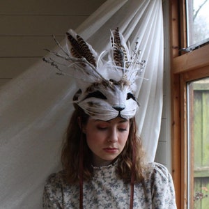 Luxury White Jackalope Mask, Adult Rabbit Mask, Feather Animal Mask ...