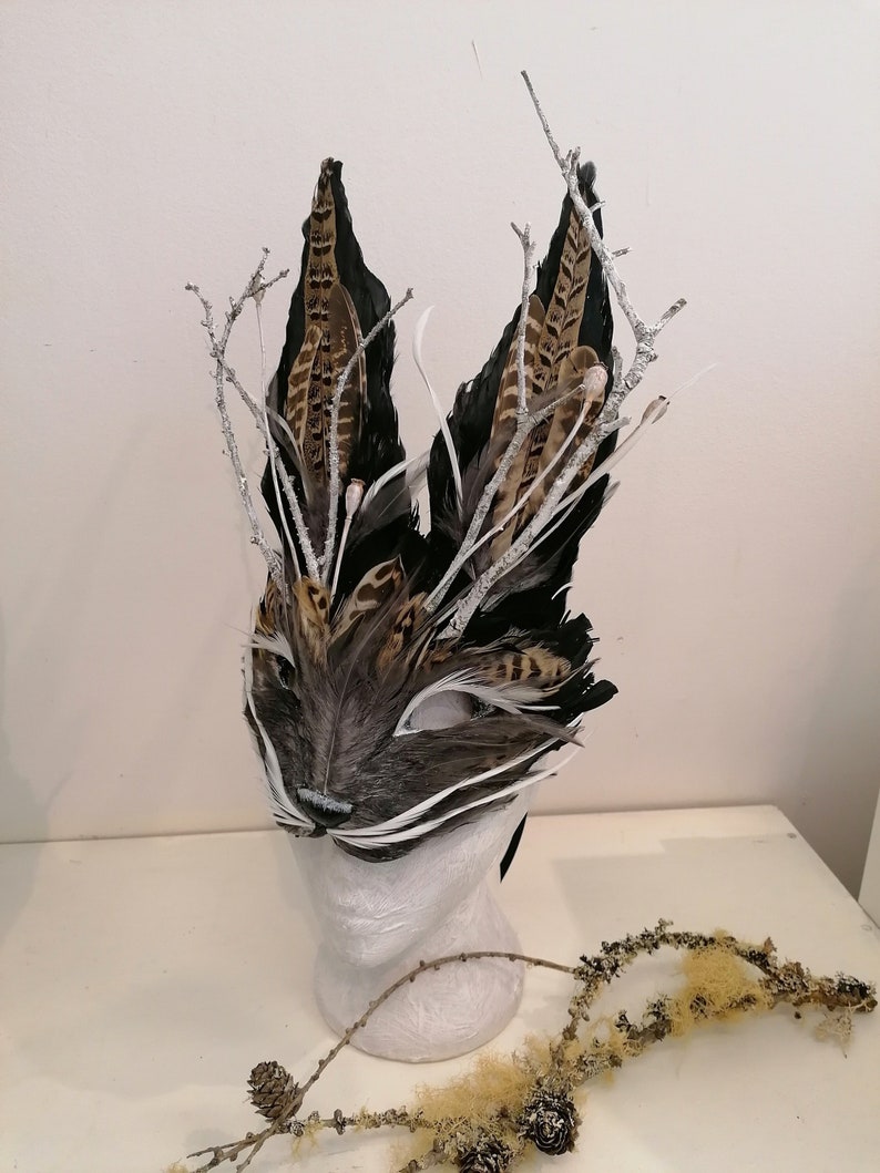 Luxury Black Jackalope Mask, Adult Rabbit Mask, Feather Animal Mask ...