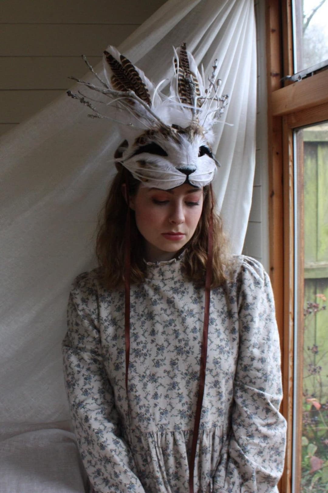 Luxury White Jackalope Mask, Adult Rabbit Mask, Feather Animal Mask ...