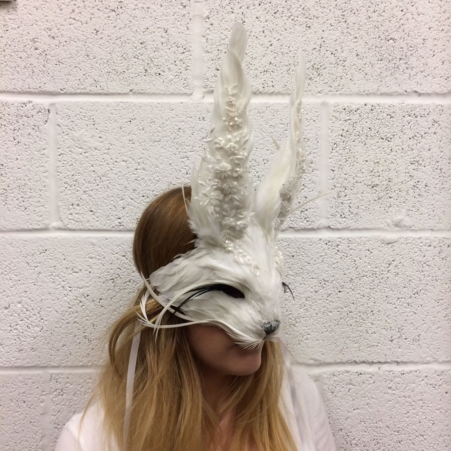 Luxury Lace Embellished White Rabbit Mask, Unisex Animal Mask, Woodland ...