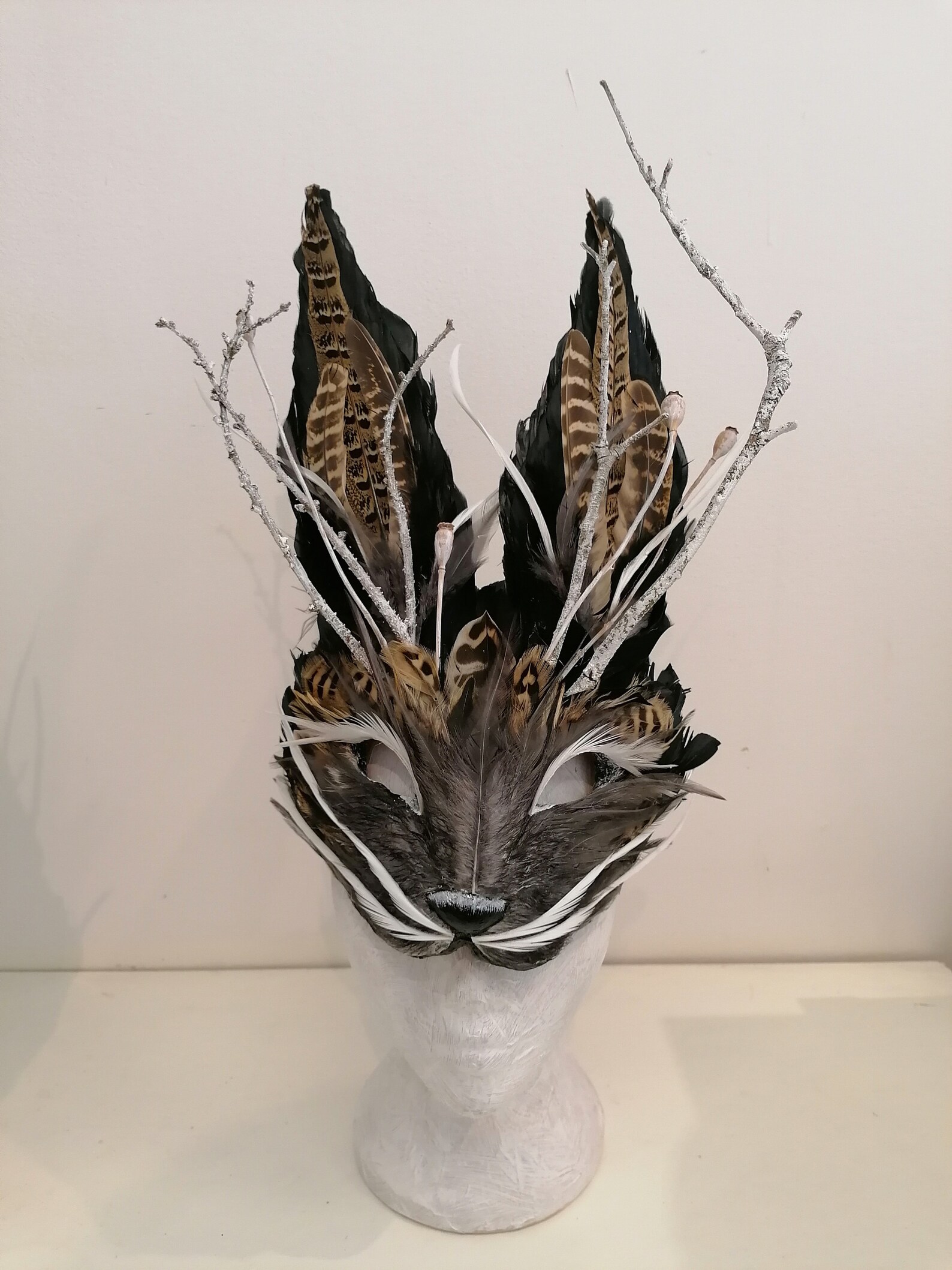 Luxury Black Jackalope Mask, Adult Rabbit Mask, Feather Animal Mask ...