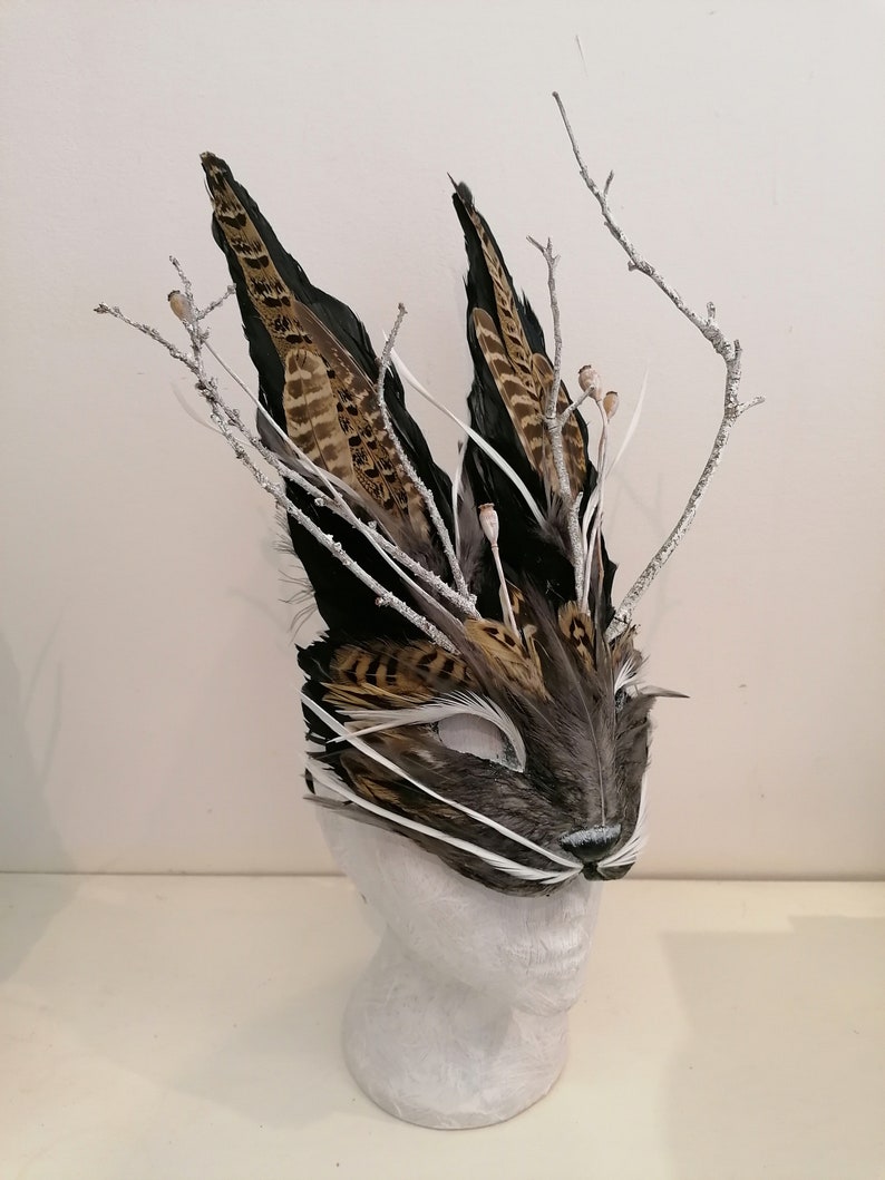 Luxury Black Jackalope Mask, Adult Rabbit Mask, Feather Animal Mask ...