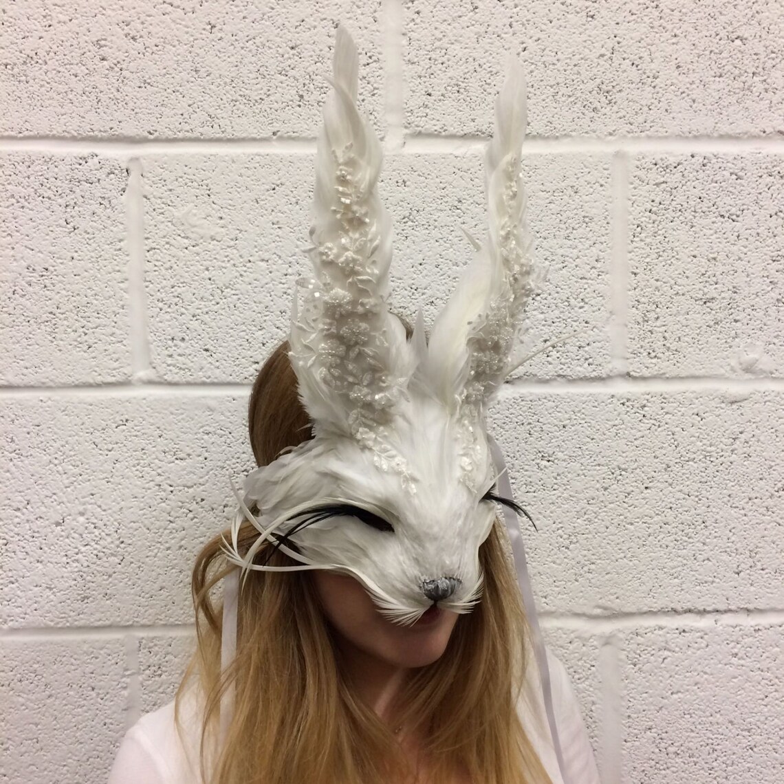 Luxury Lace Embellished White Rabbit Mask, Unisex Animal Mask, Woodland ...