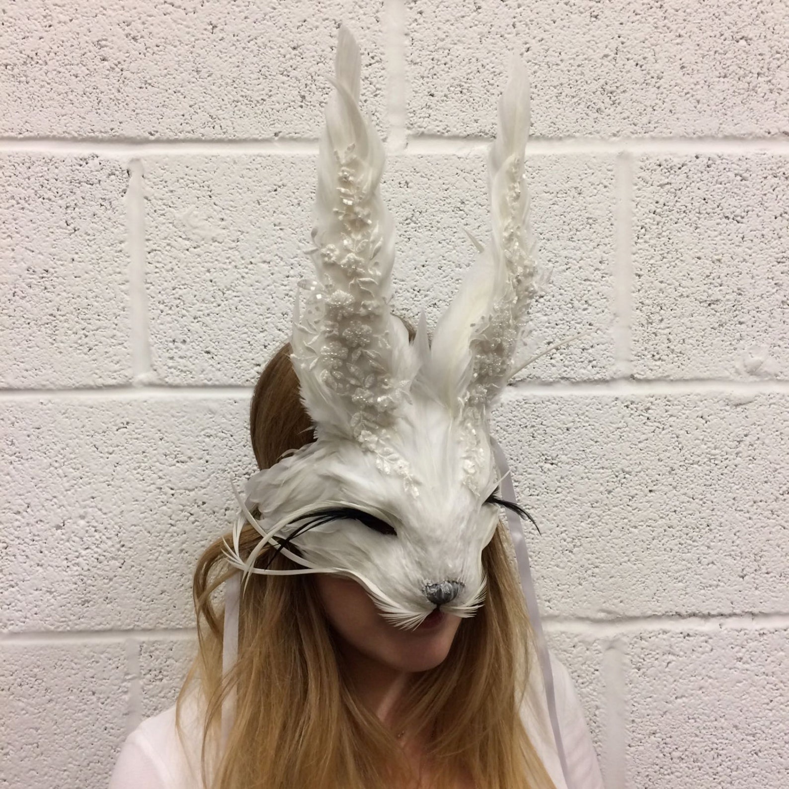 Luxury Lace Embellished White Rabbit Mask, Unisex Animal Mask, Woodland ...